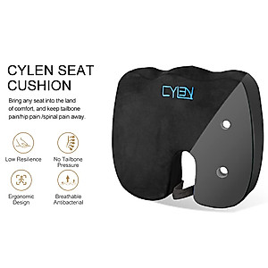 CYLEN Home-Memory Foam Bamboo Charcoal Infused Ventilated Orthopedic Seat Cushion for Car and Wheel Chair - Washable & Breathable Cover (Black)