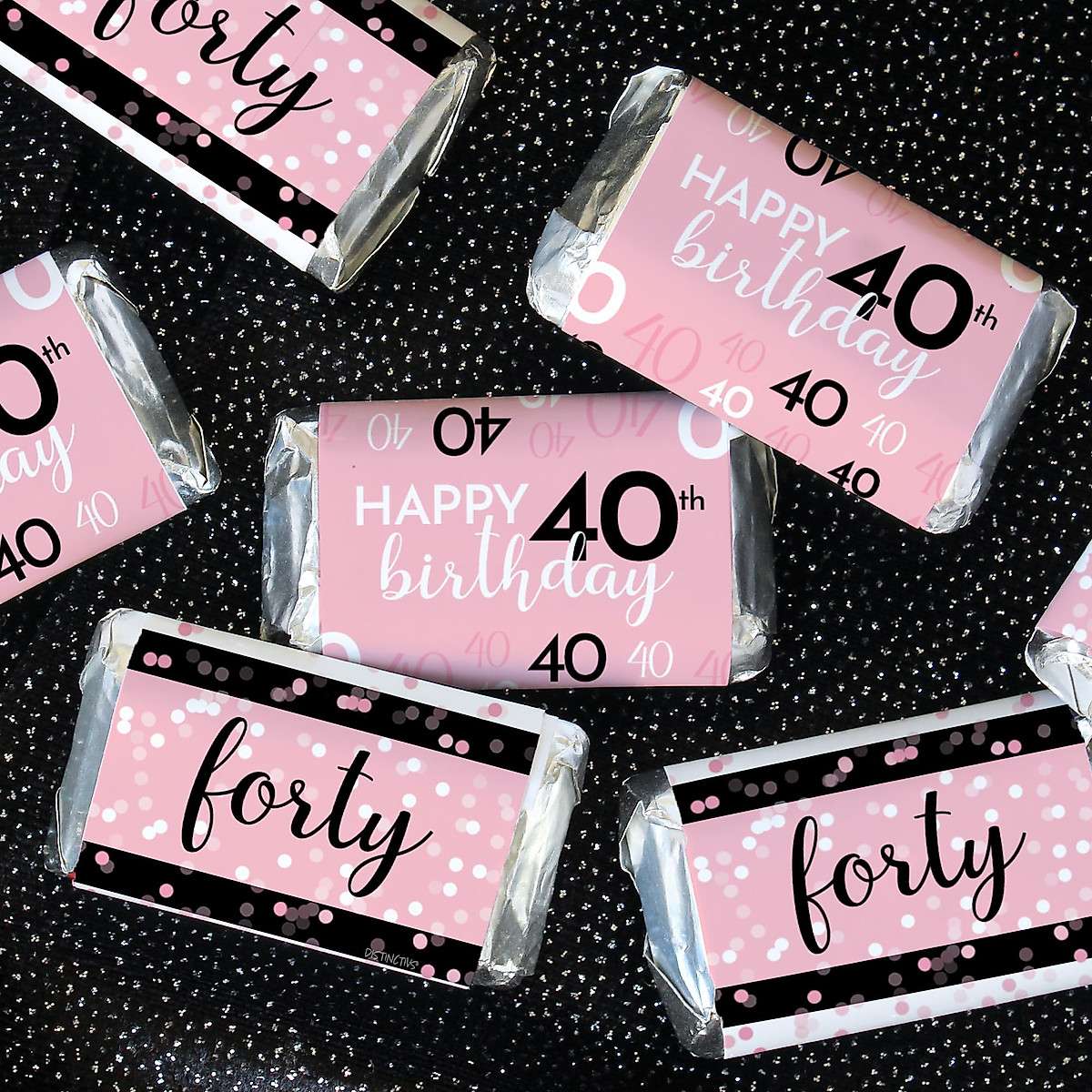 DISTINCTIVS Pink, Black, and White 40th Birthday Party Mini Candy Bar Wrappers - 45 Count, Pink Birthday Decorations for Women