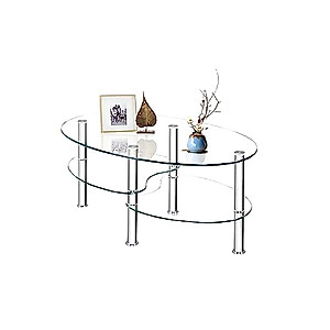 Glass Coffee Table, 3-Tier Oval-Shaped Glass Tea Table Modern Smooth Tea Table w/Spacious Glass Desk-Top Boards & Sturdy Chrome Plated Legs Home Office Reception