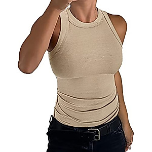 GEMBERA Womens Sleeveless Racerback High Neck Casual Basic Cotton Ribbed Fitted Tank Top Beige Tan Nude XL