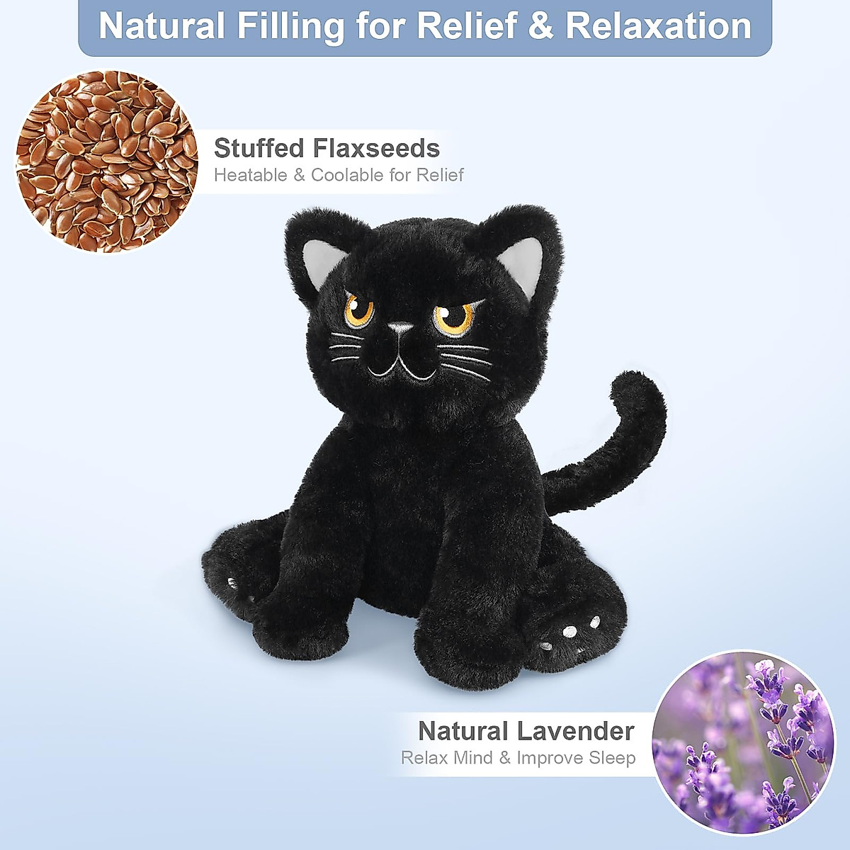 SuzziPals Coolable & Heatable Grumpy Black Cat Stuffed Animals, Lavender Scented Microwavable Plush Toys Heating Pad for Soothing & Period Discomfort, Kitty Plushie for Bedtime Cuddle, Warming Gift