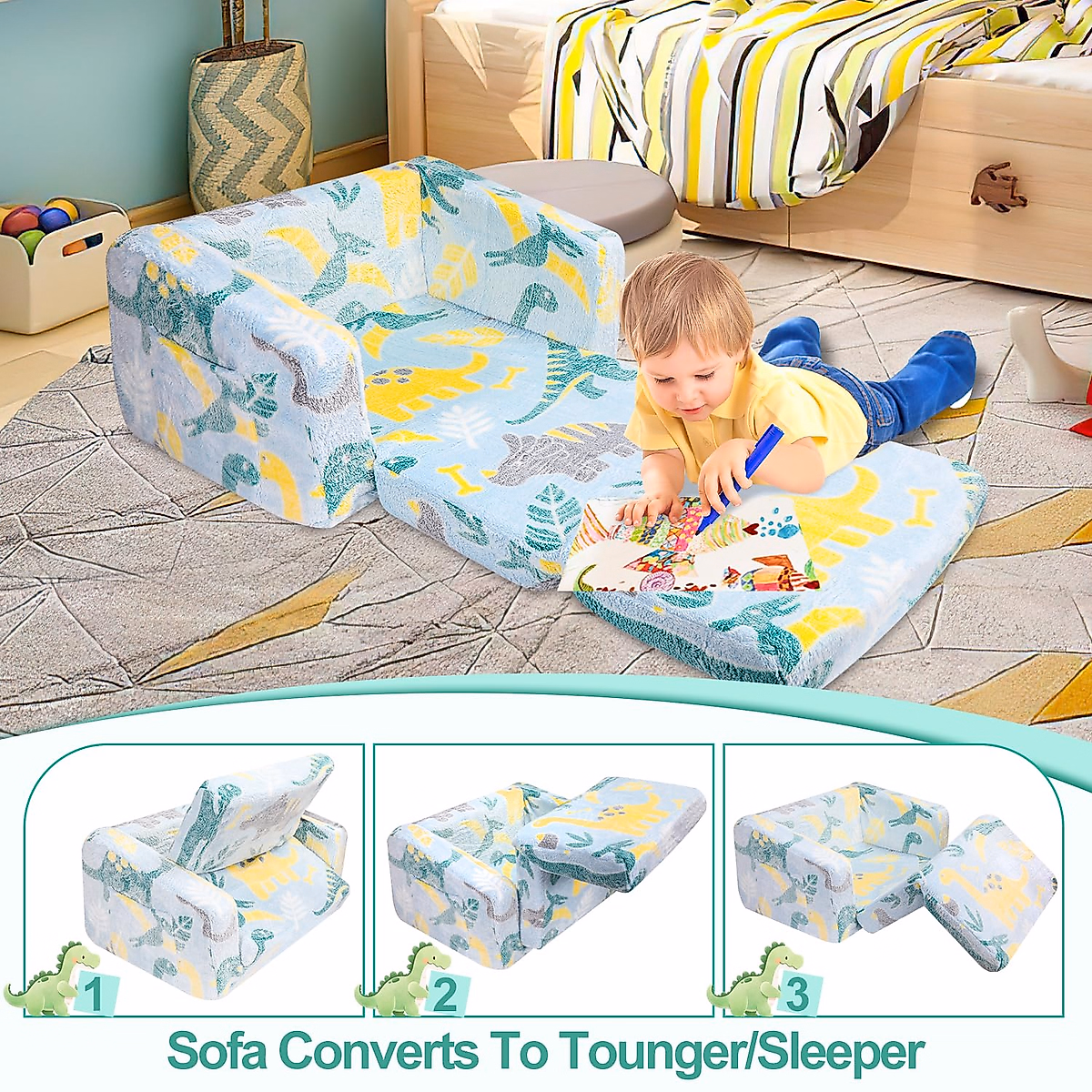 Kirumie Fold Out Kids Sofa Couch, Children 2 in 1 Convertible Sofa to Lounger, Flip Out Sofa Chair with Blanket, Glow in The Dark Dinosaur Theme Toddler Sofa, Sofa Bed Toddler Chairs for Boys Girls