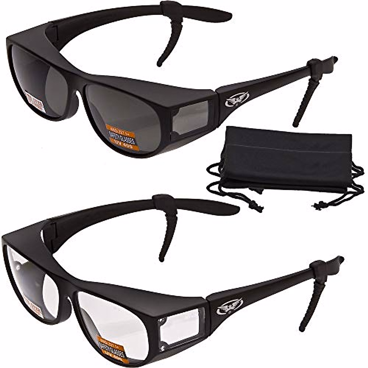 Global Vision 2 Pairs Clear and Smoke - Escort Fit Over Sunglasses ANZI Z87.1+ Safety Compliant