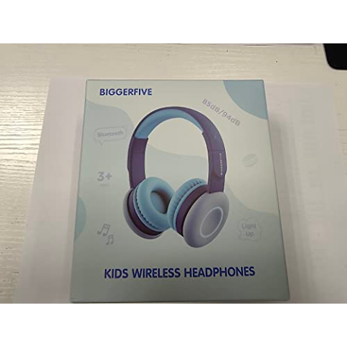 BIGGERFIVE Kids Wireless Bluetooth Headphones with 7 Colorful LED Lights, 50H Playtime, Microphone, 85dB/94dB Volume Limited, Foldable On Ear Headphones for School/Girls/Boys/iPad/Fire Tablet, Blue