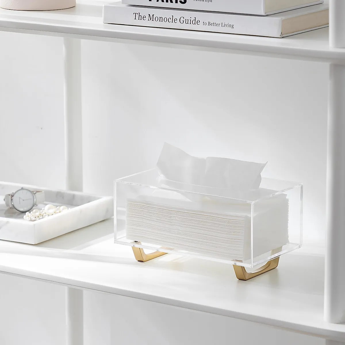 HBlife Clear Tissue Box Cover Rectangle Acrylic Tissue Box Holder with Gold Plated Legs Napkin Dispenser Dryer Sheet Container for Bathroom