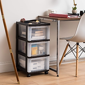 IRIS USA MC-303-TOP Plastic Storage Drawer, Rolling Cart with Organizer Top, 3, Black