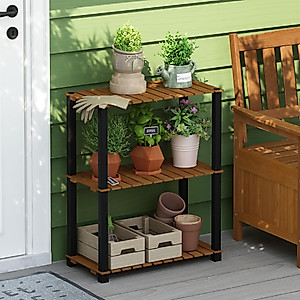 Furinno Pangkor 3-Tier Turn-N-Tube Indoor Outdoor Plant Shelf Wood Stand with Square Poles, Natural/Black