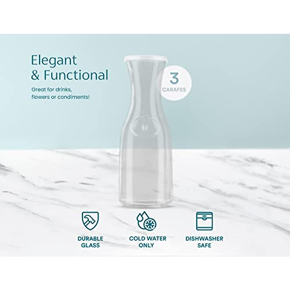 Large Glass Carafe Pitchers, By Kook, 50 oz Beverage Dispensers, Clear Jugs For Mimosas, Water, Wine, Milk and Juice, with Plastic Lids, Dishwasher Safe, of 3