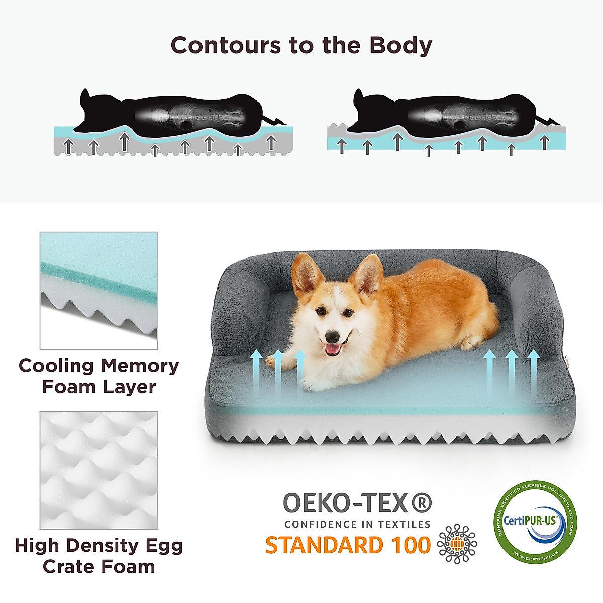 Lesure Memory Foam Dog Bed for Large Dogs, Large Orthopedic Dog Bed Sofa with High Support Reversible Egg Foam - Pet Couch with Removable Washable Cover and Waterproof Coating, Grey