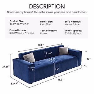 Yoglad 88.6" 3-Seater Modern Minimalist Sofa with Square Armrests, Oversized Seat Velvet Couch and 2 Pillows, Right Angles Geometry Loveseat Furniture for Living Room Small Apartment (Klein Blue)