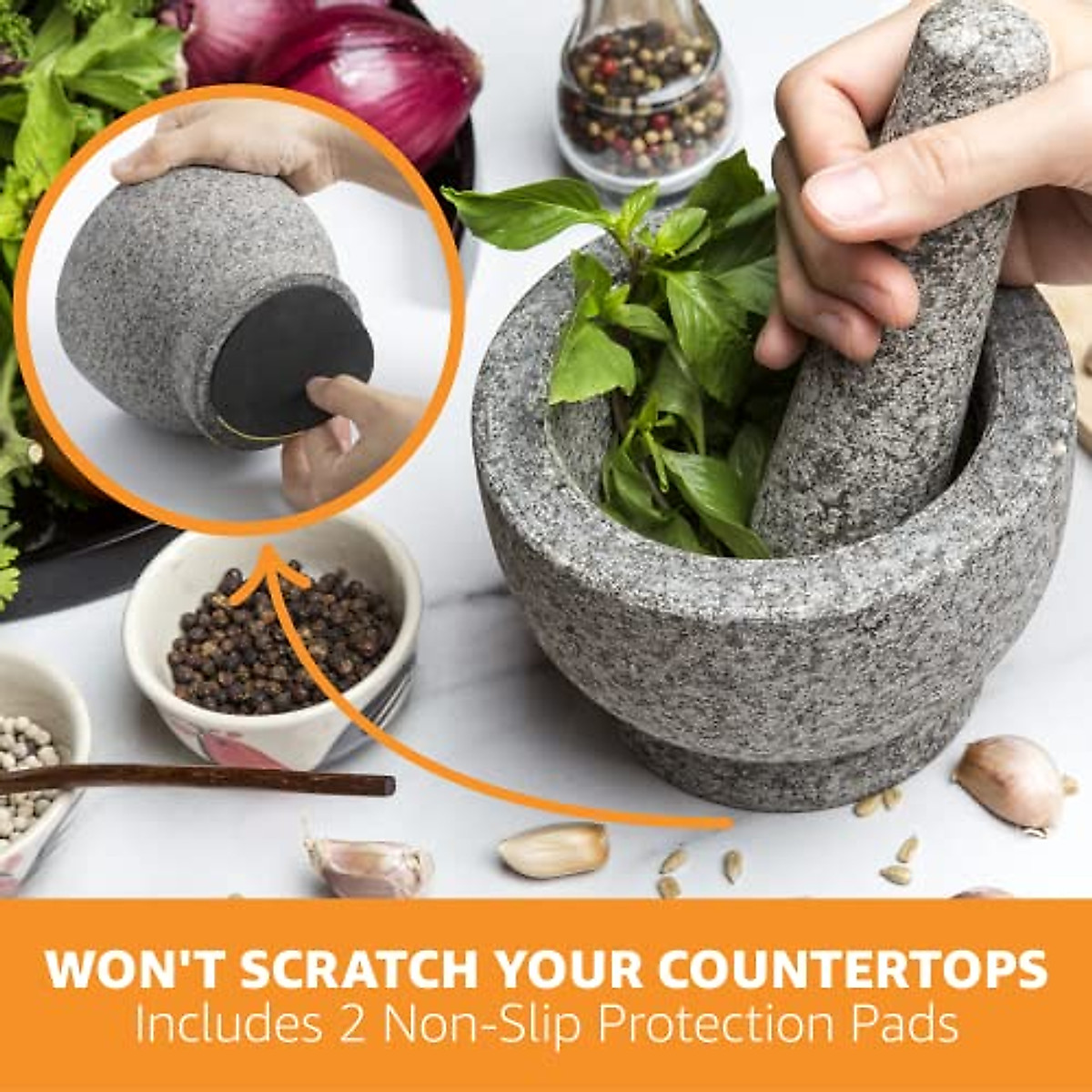 Heavy Duty Natural Granite Small Mortar and Pestle Set, Hand Carved, Make Fresh Guacamole at Home, Solid Stone Grinder Bowl, Herb Crusher, Spice Grinder, Unpolished Grey, 1.5 Cup, Grey
