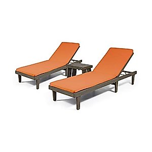 Christopher Knight Home Alexander Outdoor Acacia Wood 3 Piece Chaise Lounge Set, Gray Finish, Rust Orange