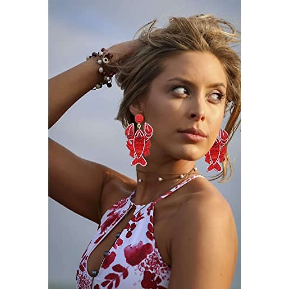 Beaded Starfish Earrings for Women Handmade Statement Lobster Dangle Earrings Boho Summer Funky Crawfish Drop Dangling Earrings Weird Boho Vacation Earrings Jewelry Beach Lover Gift