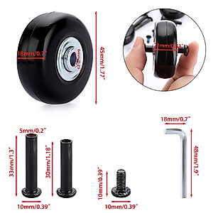 OwnMy 45mm x 18mm Luggage Wheels Replacements Set of 4 Mute Suitcase Replacement Wheels with Black Screws Axles Bearings, Rotatable Rubber Luggage Replacement Wheels Silent Suitcase Swivel Wheels Kit