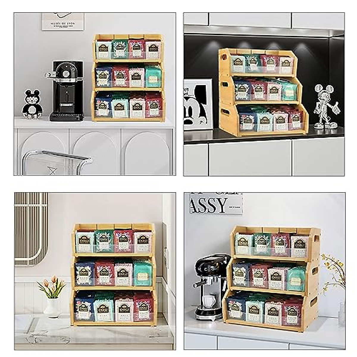 Bamboo Tea Bag Storage Containers- Tea Organizer for Tea Bags Cabinet- Tea Caddy Packet Rack Teabag Shelf Coffee Holders for Office Kitchen- Wooden 3 Tier