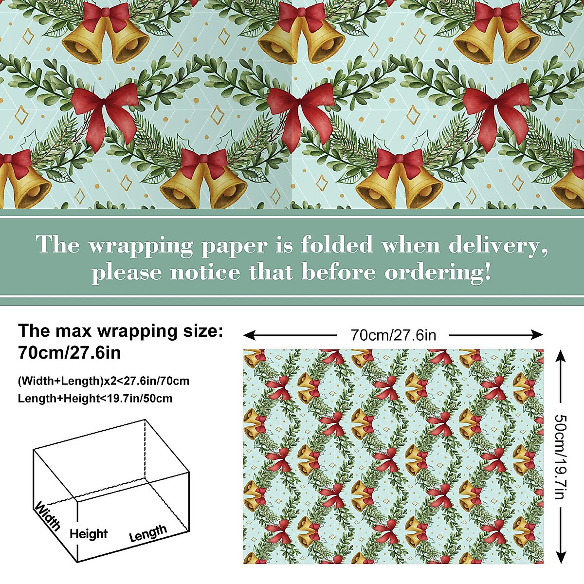 Whaline 12Pcs Christmas Wrapping Paper Watercolor Holly Bell Gift Wrap Paper Bulk Folded Flat Blue Red Decorative DIY Craft Paper, 20 x 28 Inch