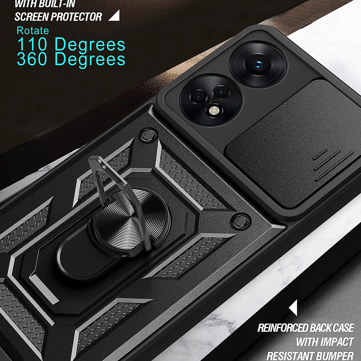CCSmall for Oppo Reno8 T 4G (Not 5G) Case with Slide Camera Cover, Military Grade Drop Protective Phone Cover Case with Ring Kickstand for Oppo Reno 8T 4G SJ Black