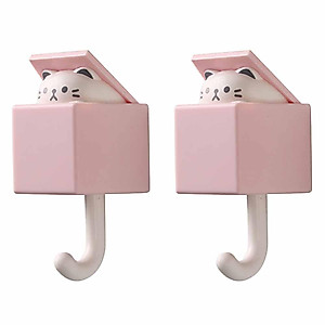 SEIWEI 2Pcs Creative Adhesive Coat Cat Hook, Cute Cat Key Holder for Wall, Plastic Home Storage Utility Wall Decorations Hanger Pet Hooks for Hanging Hat Key Towel Scarf Bags, Punch Free - Pink