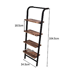 VERFARM 4-Tier Modern Ladder Shelf, Open Wall-Mounted Bookshelf with Stable Metal Frame, Storage Rack Shelves, Stand Bookcase for Home Office, Bedroom and Living Room, Black, Rustic Brown