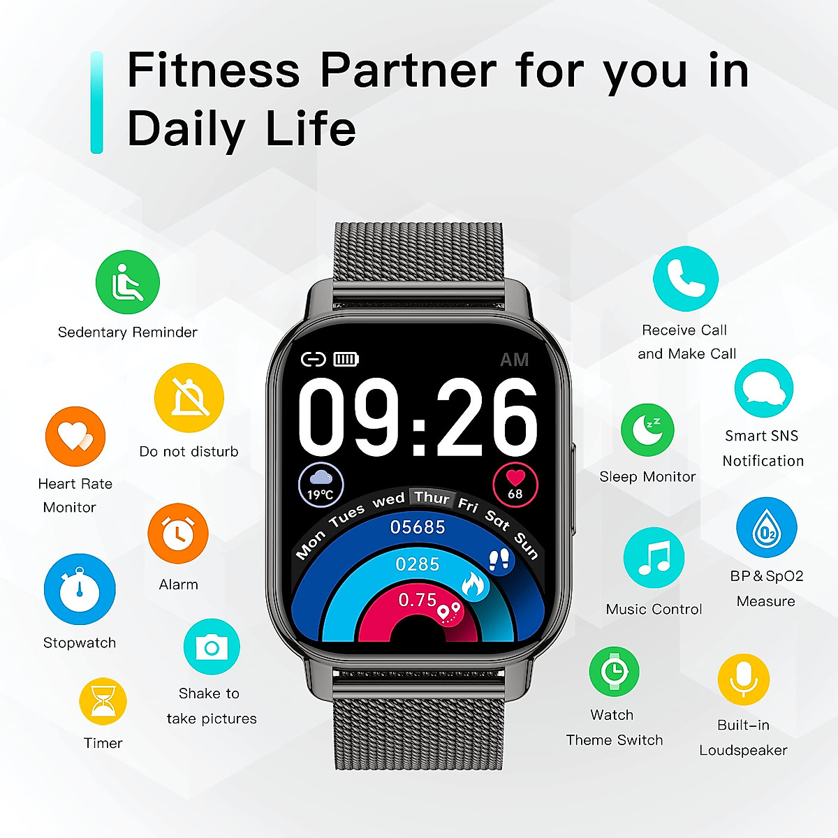 Popglory Smart Watch for Women & Men, 1.85'' Call Receive/Dial Smartwatch, Fitness Tracker with Blood Pressure/SpO2/Heart Rate Monitor, Fitness Watch with 4 Straps for iOS & Android Phones