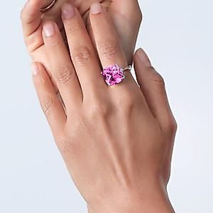 Gem Stone King 925 Sterling Silver Pink Created Sapphire and White Created Sapphire Engagement Ring For Women (14.62 Cttw, 14MM Cushion, Size 7)