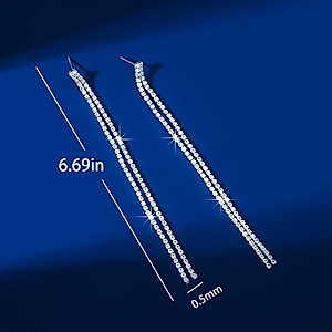 HUJUON Elegant Long Rhinestone Chain Earrings. Punk Double Strand Tassel Line Earrings Minimalism Crystal Drop Earrings for Women Wedding Jewelry (Silver)