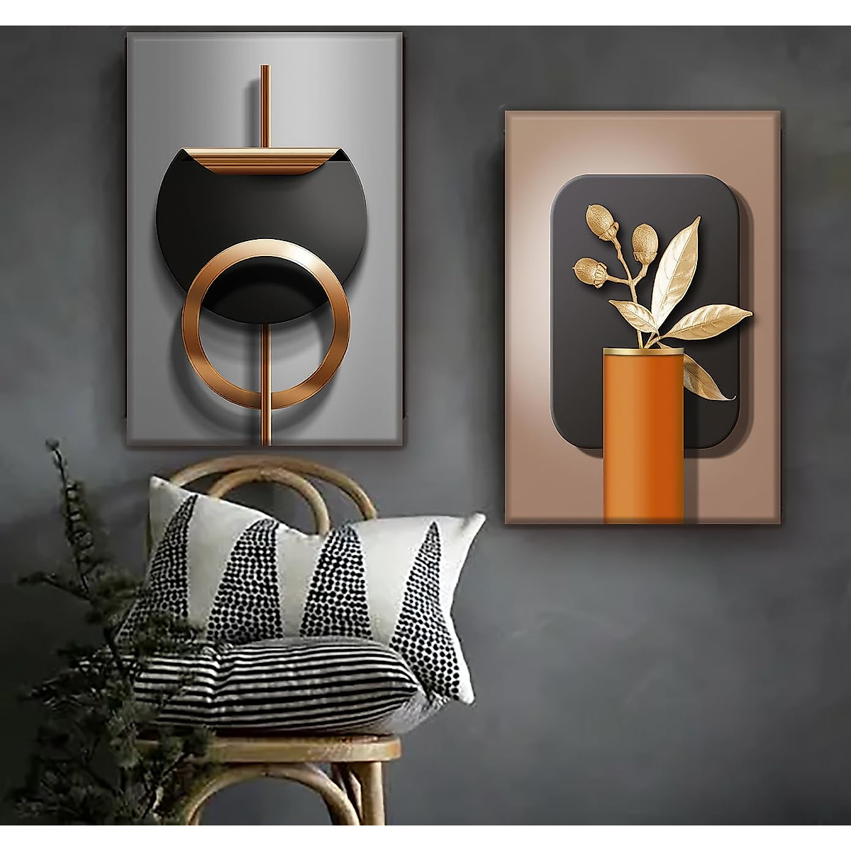 2pcs stereoscopic 3D effect pattern black copper geometric canvas print home décor abstract wall art Nordic luxury living room picture print Modern artwork shape black gold gray Living room bedroom