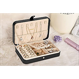 LANDICI Small Jewelry Box for Women Girls, PU Leather Travel Jewelry Organizer Case, Portable Mini Jewellery Storage Holder Display for Ring Earrings Necklace Bracelet Bangle, Black