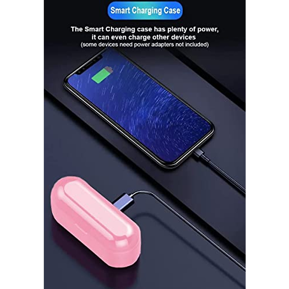 eDealz Fully Wireless Bluetooth 5.0 Rechargeable IPX7 Waterproof Earbud Headphones w Microphone, 2000mAh USB Smart Dual Charging Case/Stand Surround Stereo Bass and Passive Noise Cancelling (Pink)