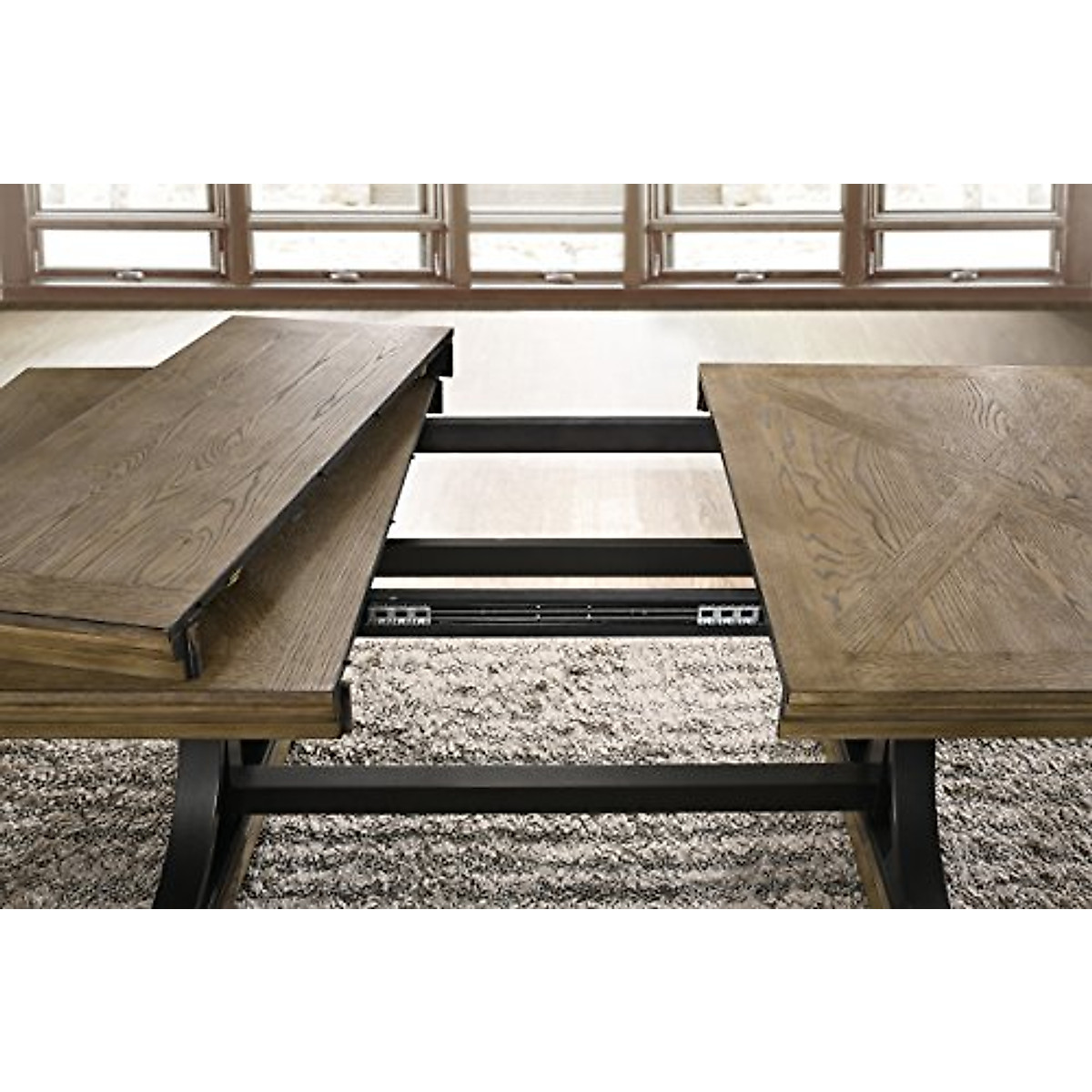 Roundhill Furniture Birmingham 8-Piece Extendable Table with Nailhead Bench and Armchairs Dining Set, Driftwood