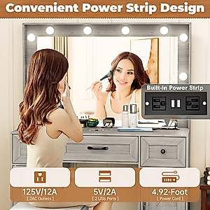 Greenvelly Makeup Vanity Table with Lighted Mirror, Grey Vanity Desk with 3 Lighting Modes and Stool Set, Dressing Table with Drawers, Vanity Desk for Women and Girls' Bedroom