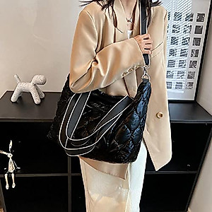 Padded Tote Bag Women's Quilted Zipper Closure Large Padding Shoulder Bag with Exterior Zip Pocket Puffy Down Crossbody Bag