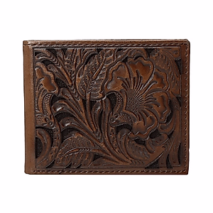 ARIAT Men's Tonal Brown Floral Inlay Trifold Leather Wallet, Compact, One Size