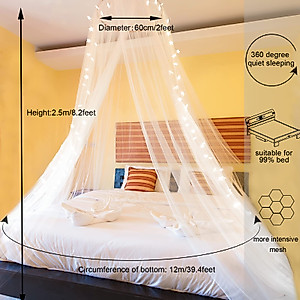 Obrecis Bed Canopy with LED Star Lights, Princess Canopy Bed Curtain with 18 Colors Changing String Lights Remote Timer for Girls Bedroom, Pink Red Blue White Dome Canopy for Twin to King Size Bed