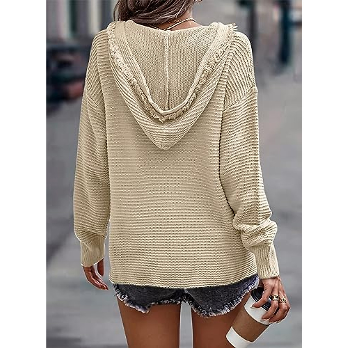 Dokotoo Oversized Sweaters for Women 2023 Fall Fashion Solid Hooded V Neck Long Sleeve Sweater Tops Soft Winter Trendy Cable Ribbed Knit Pullover Drop Shoulder Hoodies Jumpers M Apricot