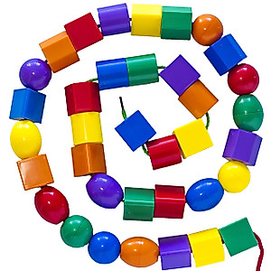 CC O Play Large Lacing Bead Set for Kids - 36 Jumbo Beads & 4 Threads for Toddlers - Montessori Educational Stringing Toy for Preschool Children - Bonus Bag & Ebook with Primary Resources