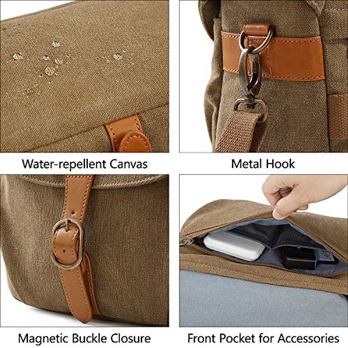 BAGSMART Camera Bag, SLR DSLR Canvas Camera Case, Vintage Padded Camera Shoulder Bag with Rain Cover for Women and Men, Khaki