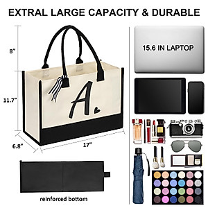 shenee Initial Canvas Tote Bag, Personalized Beach Jute Bag Present for Women Holiday, Friends Birthday Gift, Beach, Wedding (Letter A)