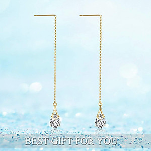 Gold Plated Threader Earrings Sterling Silver Teardrop Drop Pull Through Threader Earrings with Cubic Zirconia