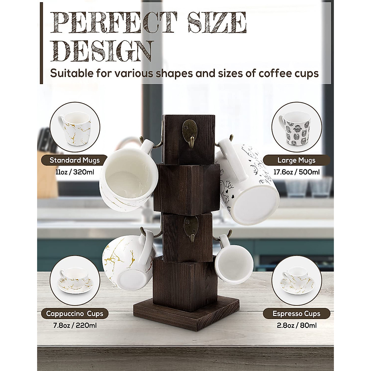 PUERSI Coffee Mug Holder for Counter, Rustic Solid Wood Mug Tree, Farmhouse Wooden Coffee Cup Rack, Distressed Mug Stand with 8 Hooks (Rustic Brown)