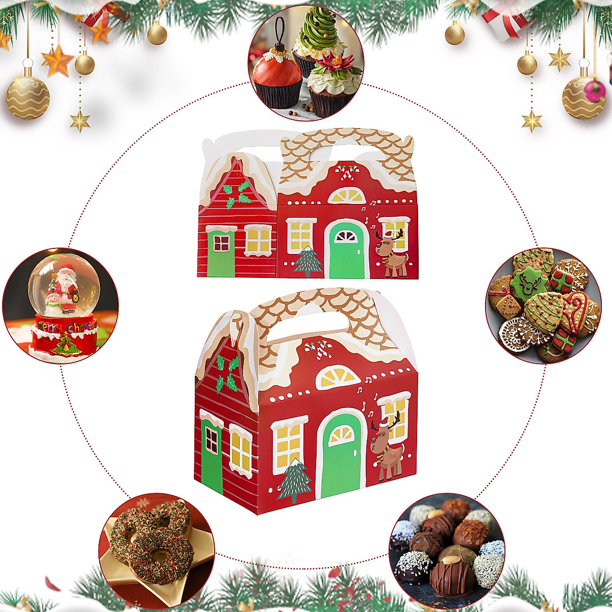 Sunolga 24 Pieces 3D Christmas Cardboard Treat Gift Boxes for Holiday with 4 Patterns Xmas Goody Gift Christmas House Cardboard Gifts Boxes Crafting and Cookie Boxes