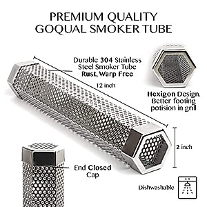 Pellet Smoker Tube-Hylfenis 12" Pellet Tube For Smoking-Hot or Cold Smoking Tube for Electric Gas Charcoal Grilling with 2 Hooks,2 Brushes,10Pack Metal Skewers-Perfect for Smoking Cheese Nuts Steaks Fish Pork Beef