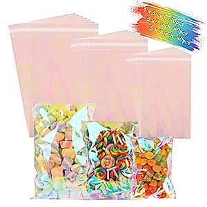 Qtop Cookie Bags Cellophane Bags 120 pcs Iridescent Holographic Candy Bags 3 Sizes 4x6 5x7 6x9 Self Sealing OPP Cello Bags for Bakery Cookies Goodies Favor Decorative Wrappers