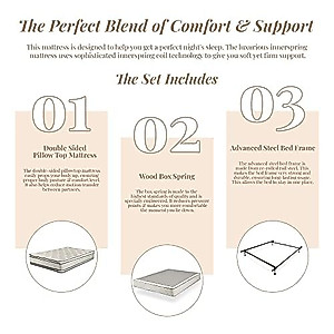 Nutan 1-inch Pillow Top Foam Mattress, Box Spring, and Bed Frame Set, Medium Firm Double Sided Mattresses, Durable Support System, Heavy-Duty Double Riveted Steel Leg Support, Twin
