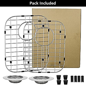 ARLBA 2Pack 304 Stainless Steel Sink Protector for Double Kitchen Sink Rear Drain,(13"x16"& 11.26"x14.5") Metal Sink Grid Sink Grate Sink Rack for Bottom of Kitchen Sink w/Sink Strainers Rubber feet