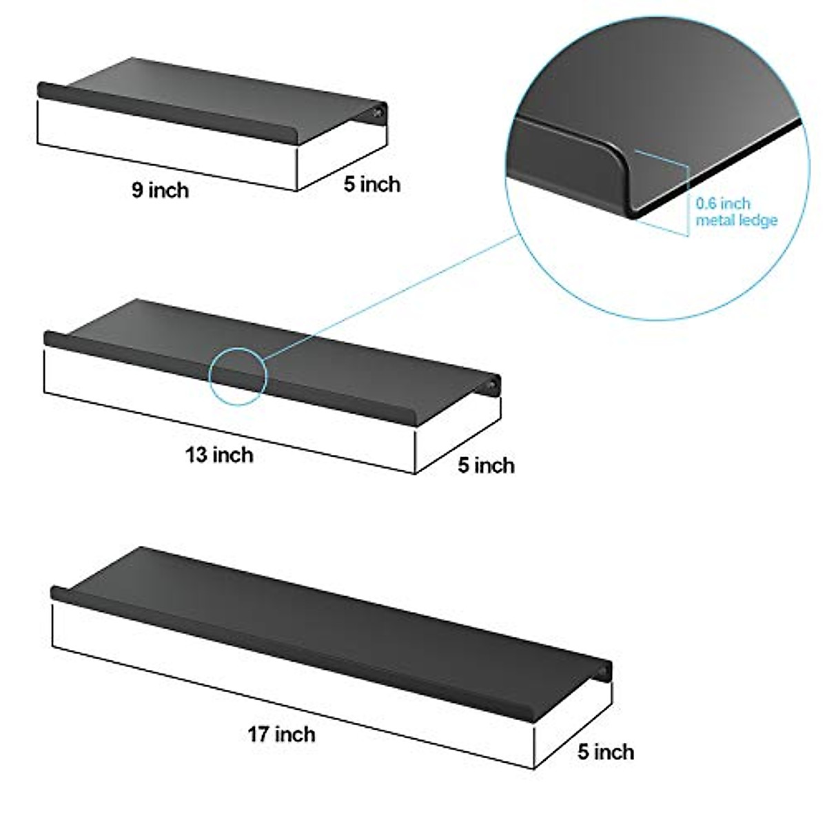 SRIWATANA Black Floating Shelves, Metal Wall Shelves Set of 3 for Bedroom, Living Room, Bathroom, Kitchen, Matte Black