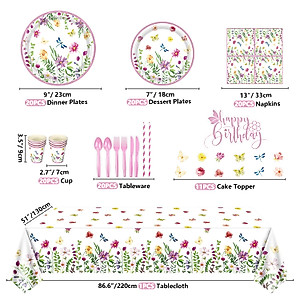 225 Pack Spring Wildflower Party Decorations Floral Tableware Plates Balloons Decorations Wildflower Dinnerware Party Favor for Birthday Baby Shower Bridal Shower Garden Tea Party Serves 20