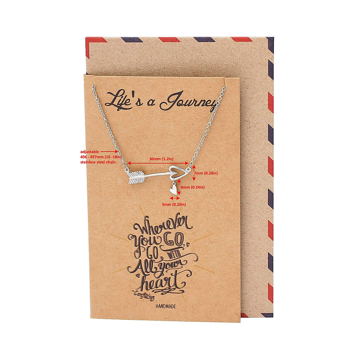 quan jewelry Arrow Necklace with Heart Charm Sideways Arrow Pendant, Graduation Gifts Dream Necklace with Inspirational Quote Greeting Card, Adjustable Chain 16" to 18" Silver Tone