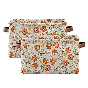 Kigai 2 Pack Fabric Storage Box Floral Coral Storage Baskets with Handles Collapsible Canvas Baskets for Toy Closet Shelf Organizer