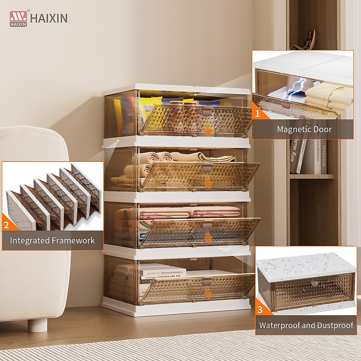 HAIXIN Plastic Folding Storage Bins, Stackable Storage Drawer with Magnetic Diamond Door, Closet Organizers and Storage for Bedroom Sturdy Easy Assembly Brown, 34.76Gal(20.7" L x 13.7" W x 35.1"H)